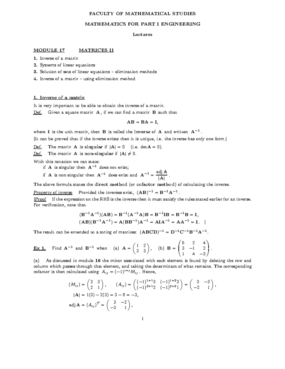 Module 17 Matrices II - worksheets - FACULTY OF MATHEMATICAL STUDIES ...
