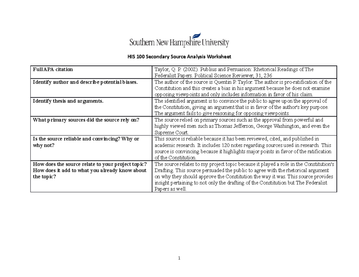 HIS100 3-4 Worksheet Secondary Source Analysis - HIS 100 Secondary ...