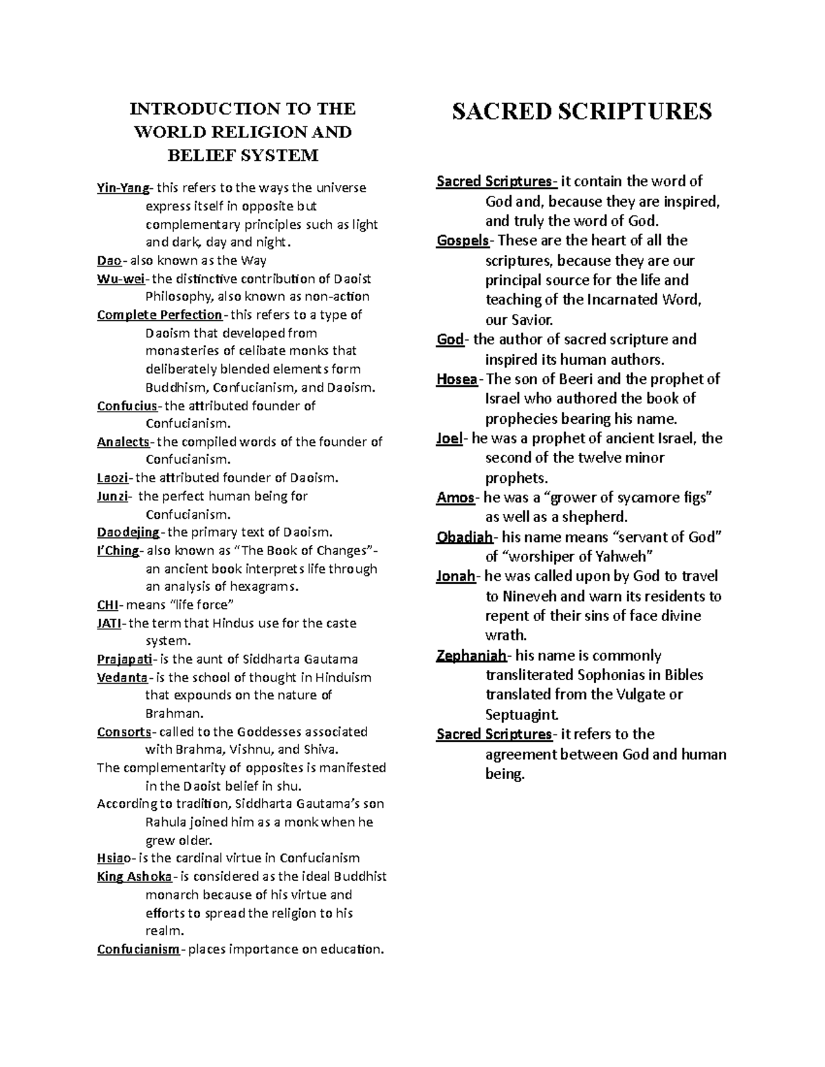 Intro. & Sacred Scripture - INTRODUCTION TO THE WORLD RELIGION AND BELIEF SYSTEM Yin-Yang- this ...