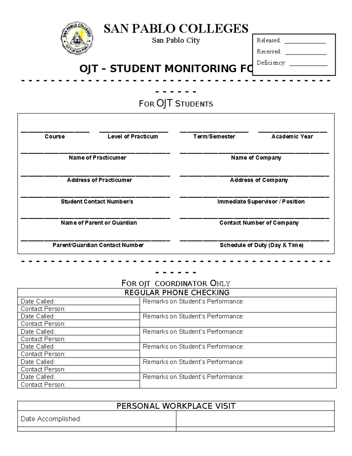 San Pablo Colleges' OJT-Student-Monitoring-Form - SAN PABLO COLLEGES ...