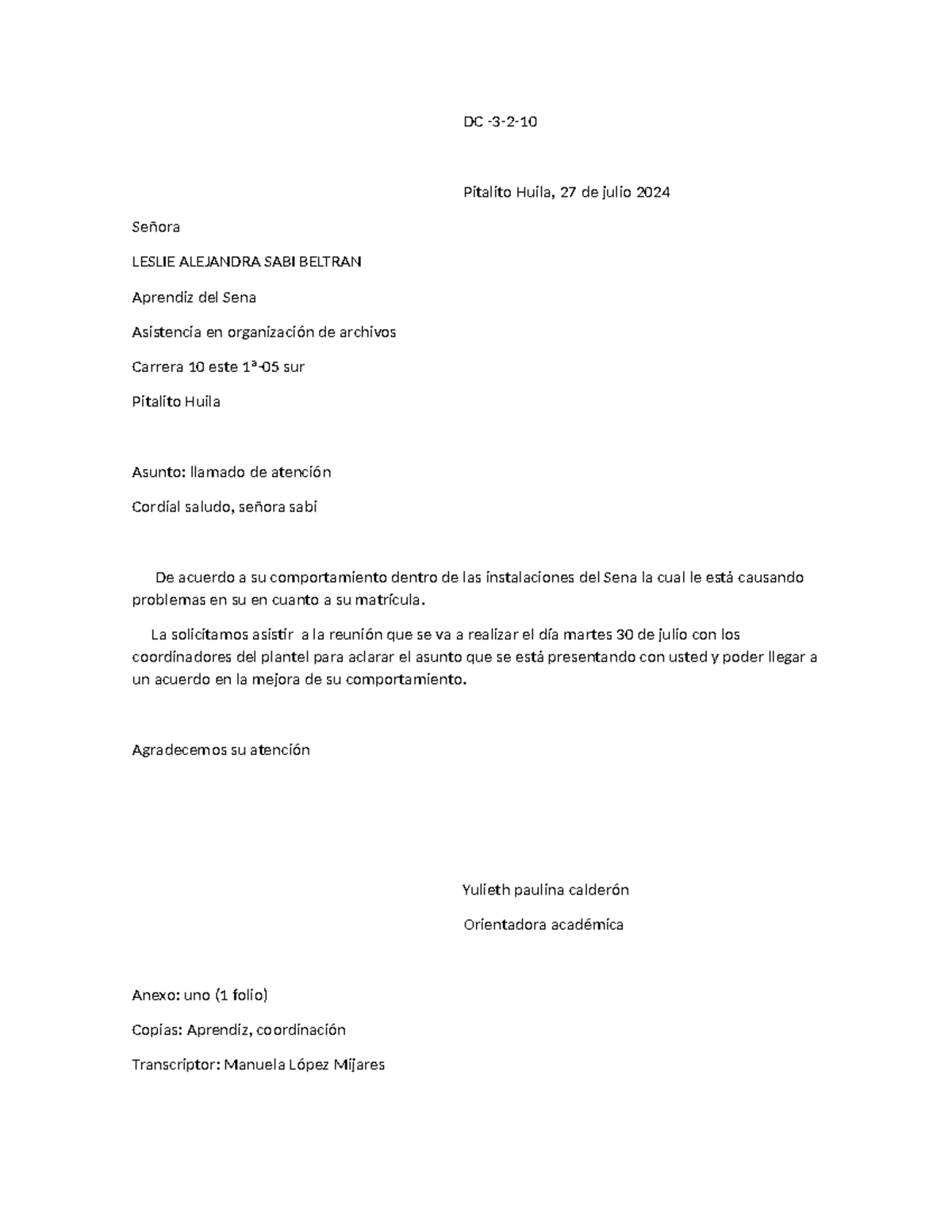 Carta estilo bloque angie - DC -3-2- Pitalito Huila, 27 de julio 2024 ...