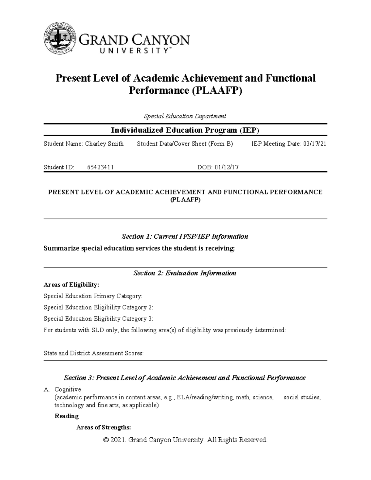 ECS 435 Charley Plaafp ECS-220-T4-T5-RS-IEP2 - Present Level of ...