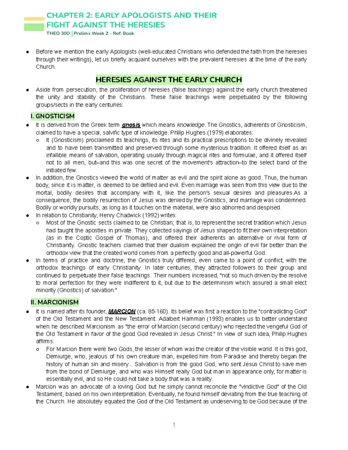 Chapter 2 Early Apologists and their Fight Against Heresies - Before we ...