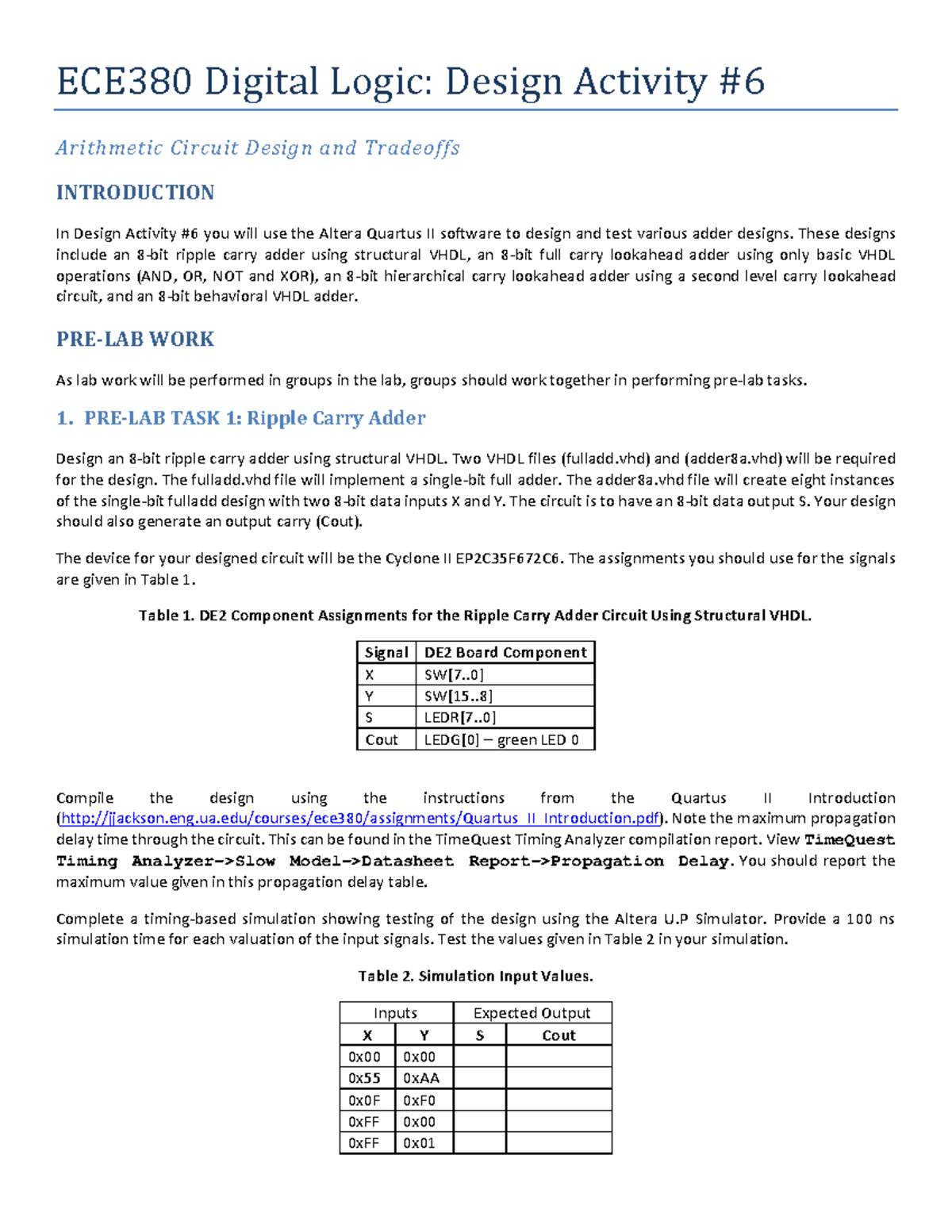 LAB 6 Friday, July 11, 2014 - ECE380 Digital Logic: Design Activity Arithmetic Circuit Design ...