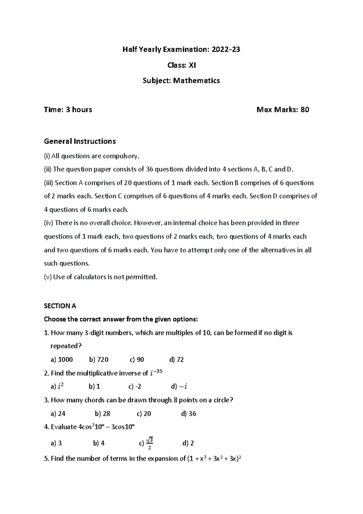 S6 Mathematics HALF Yearly 22-5 - Half Yearly Examination: 2022- Class ...