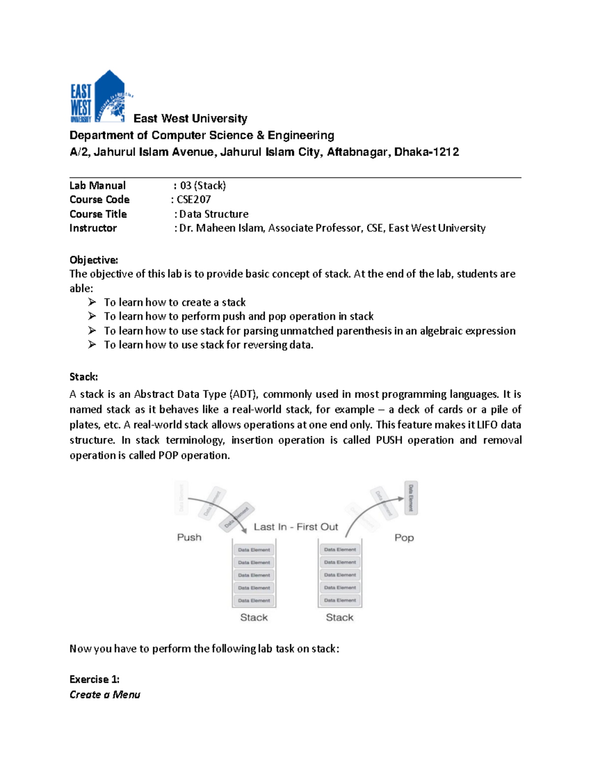 CSE 207 Lab-3 - For MI maa'ms course - East West University Department of Computer Science ...