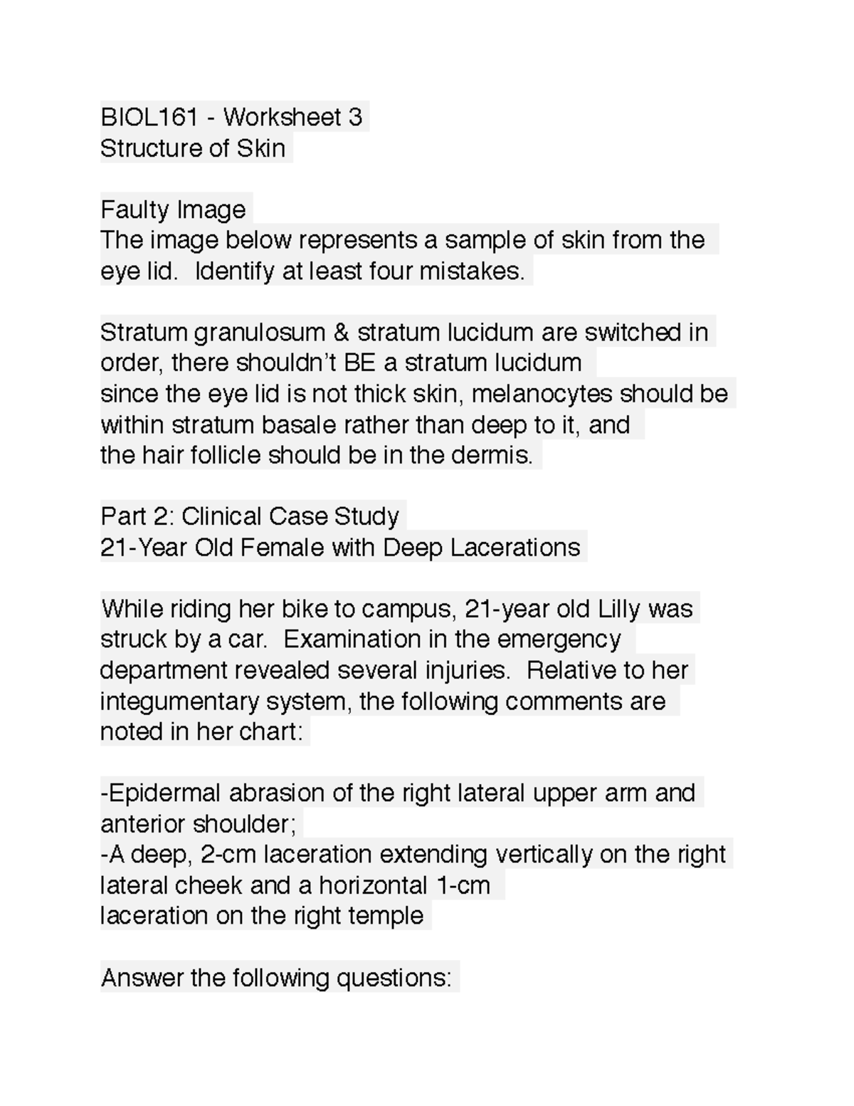 Bio161 worksheet 3 answer key - BIOL161 - Worksheet 3 Structure of Skin ...