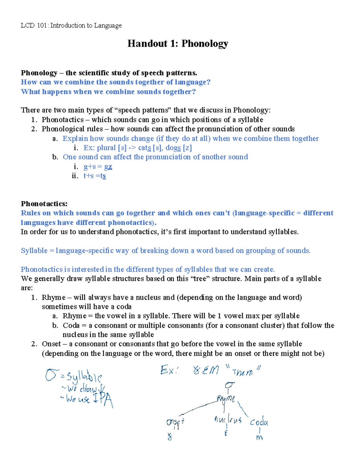 LCD 101 Handout 1 Phonology - Handout 1: Phonology Phonology – the ...