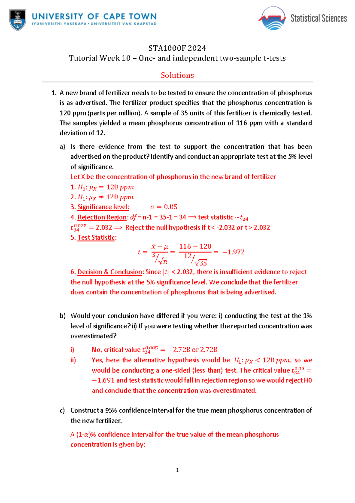 Tutorial Week 10 STA1000F 2024 solutions - 1 STA1000F 2024 Tutorial Week 10 – One- and ...