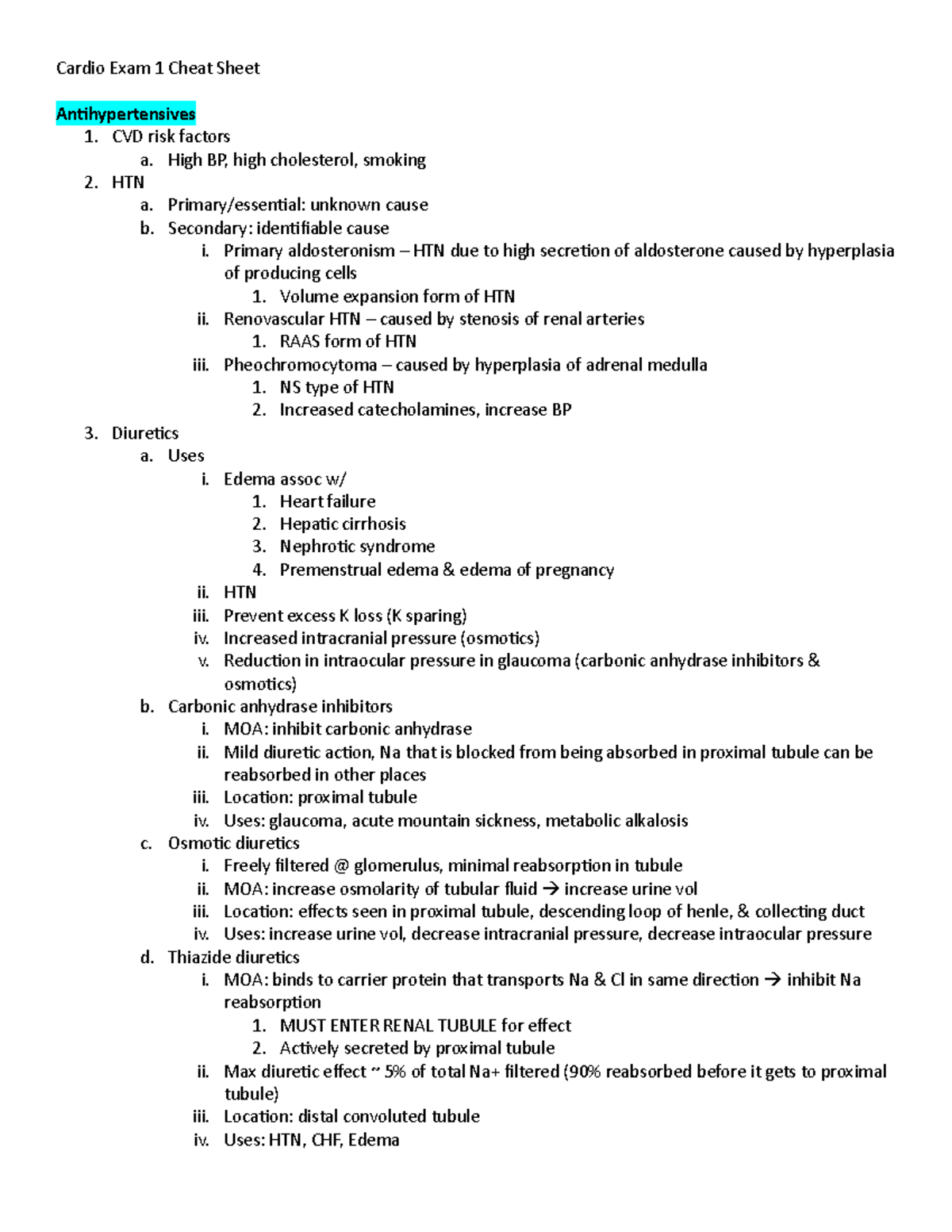 Cardio Exam 1 Mini Study Guide - Cardio Exam 1 Cheat Sheet ...