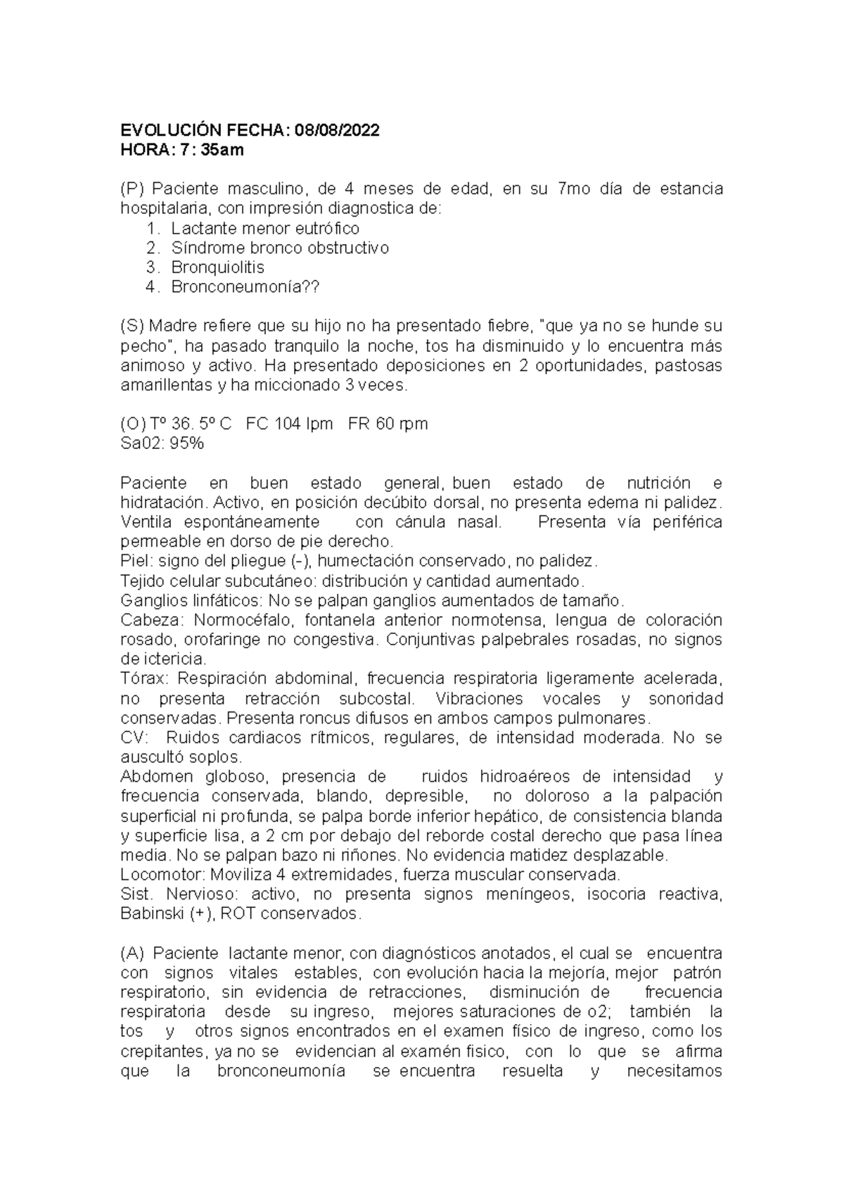 Ejemplo de evolución de historia clinica - EVOLUCIÓN FECHA: 08/08/ HORA ...