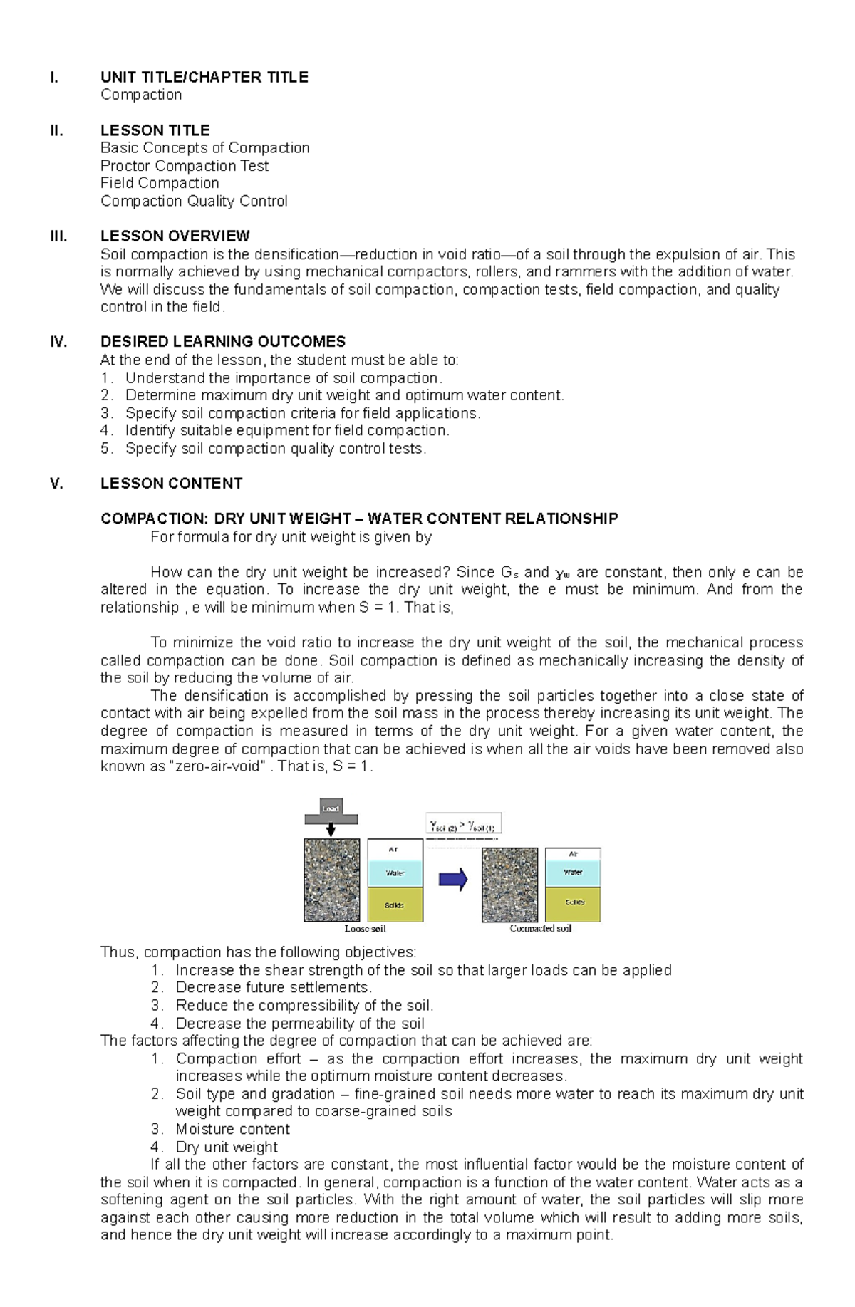 Compaction- DRY UNIT Weight – Water Content Relationship - I. UNIT ...