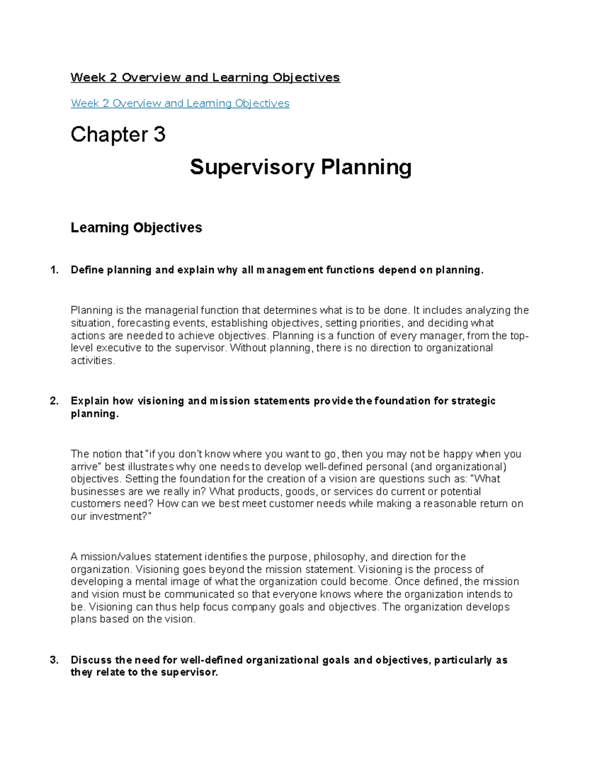Week 2 Overview and Learning Objectives - Supervisory Planning - Week 2 Overview and Learning ...