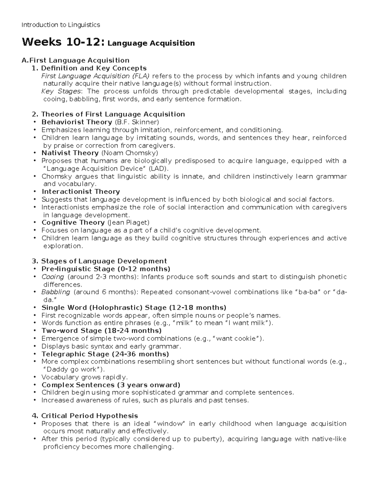 Week-10 - introduction to linguistics - Introduction to Linguistics ...
