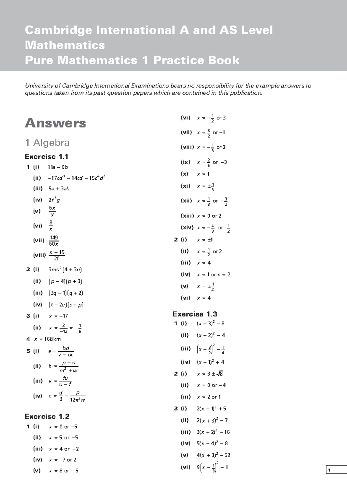 Cambridge Alevel math book Pure mathematics 1 practice book answers - 1 ...