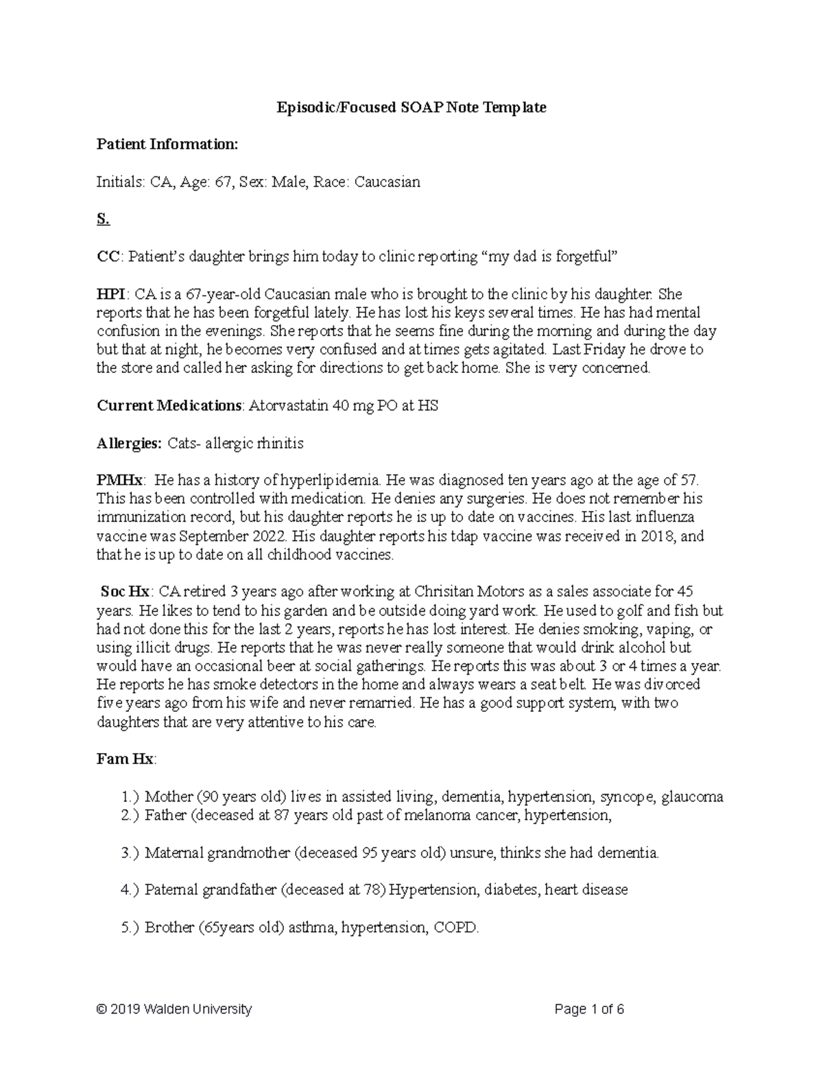 Week 9 Assgn 1 - week 9 - Episodic/Focused SOAP Note Template Patient ...