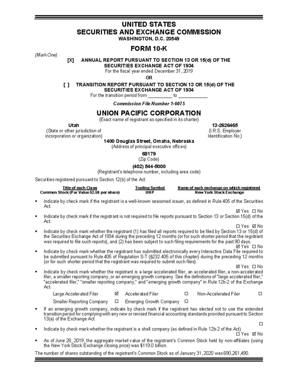 2019 FORM-10K - Union Pacific Corporation - UNITED STATES SECURITIES ...