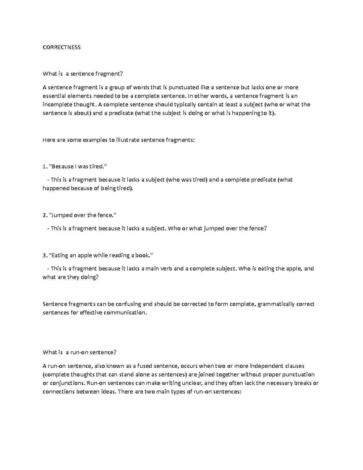 English plus - Notes on the - CORRECTNESS What is a sentence fragment ...