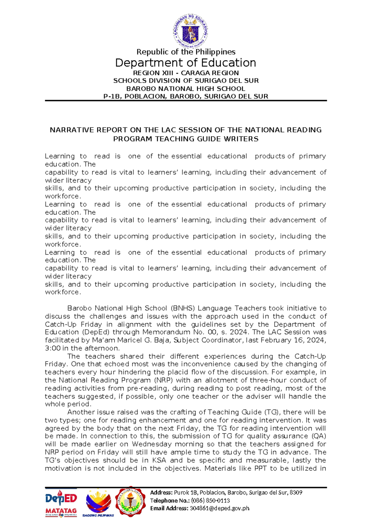 LAC- Narrative-FEB24 - Narrative Reports - Address: Purok 1B, Poblacion ...