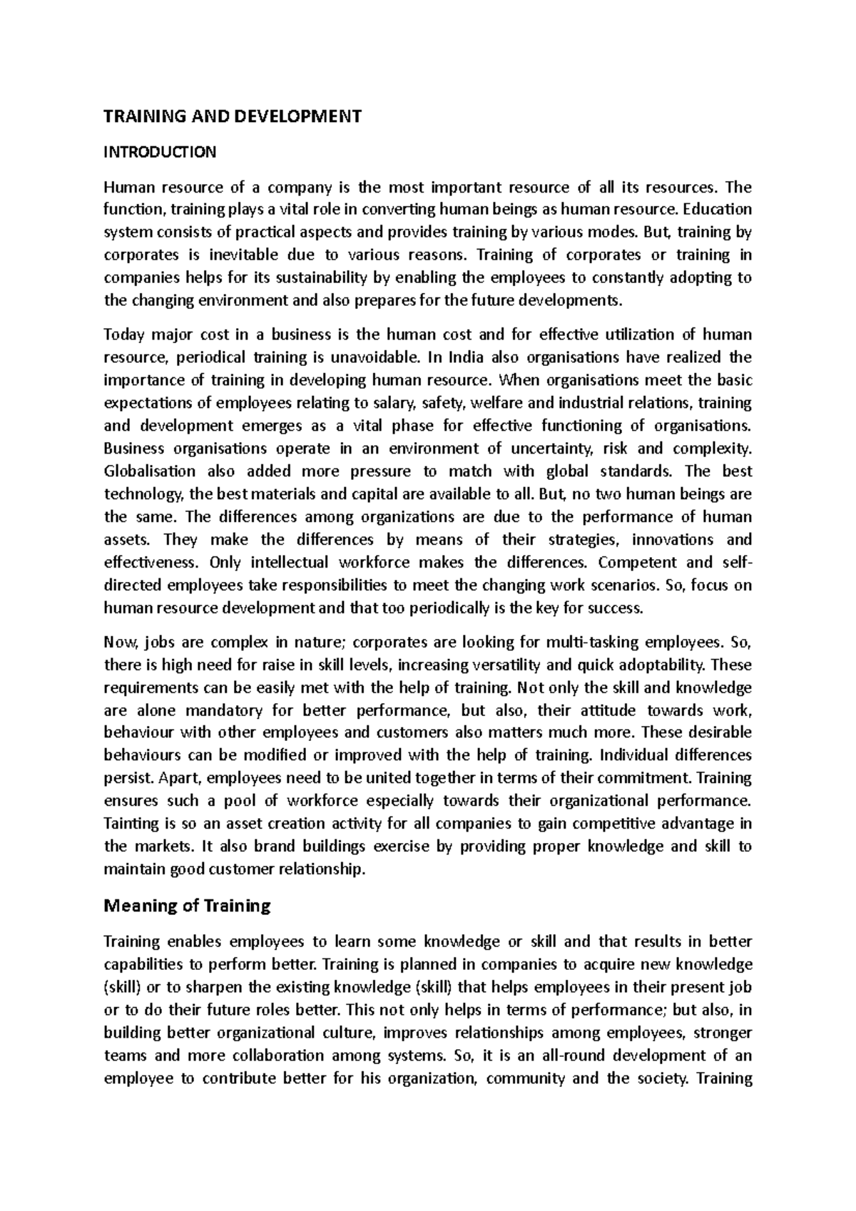 Training AND Development - TRAINING AND DEVELOPMENT INTRODUCTION Human ...