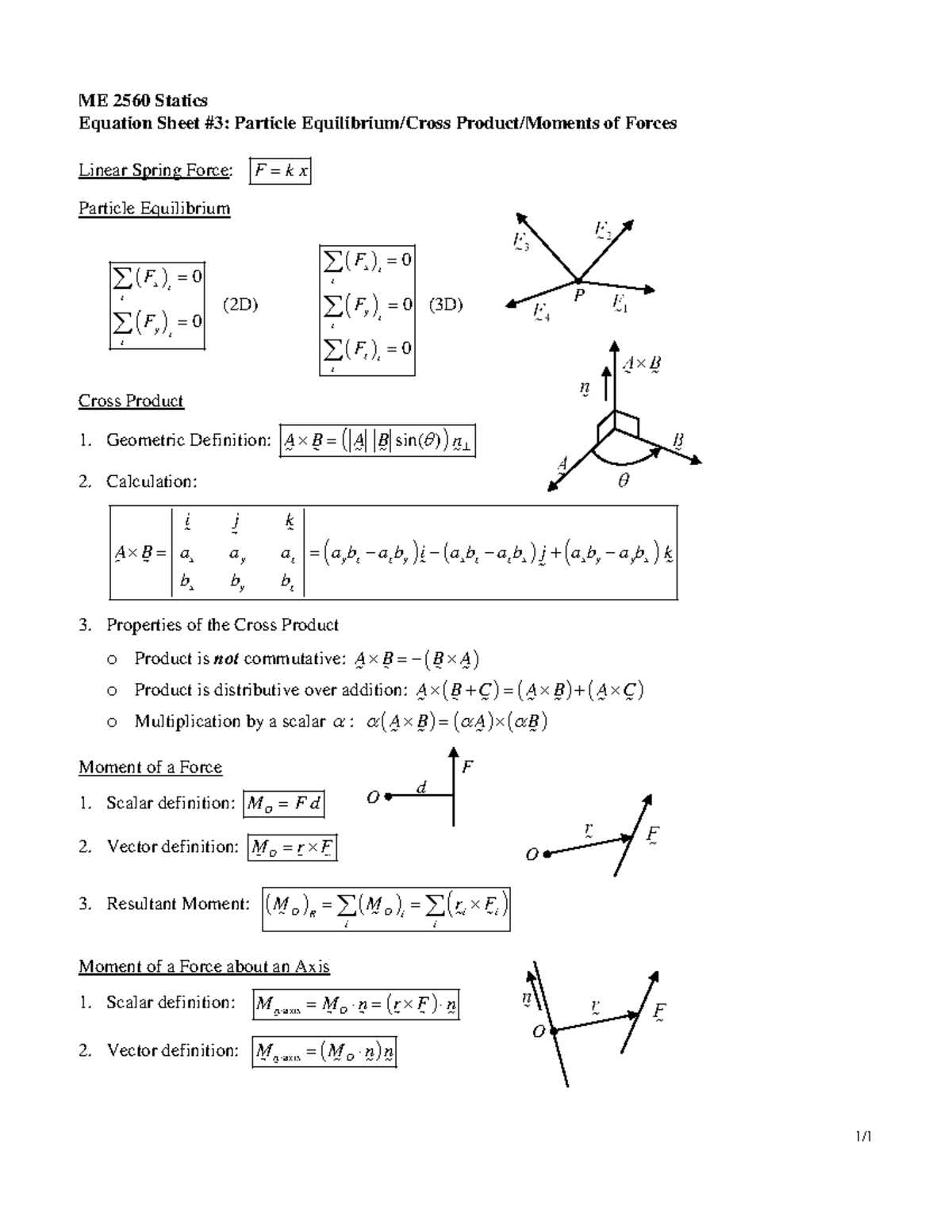 ME256Equation Sheet 03 - 1/ ME 2560 Statics Equation Sheet #3: Particle ...