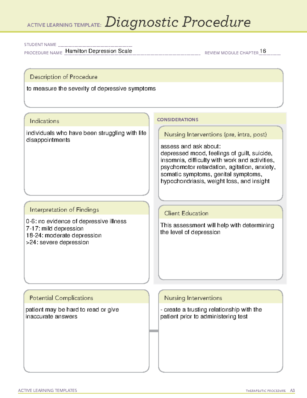 Hamilton Depression Scale Printable