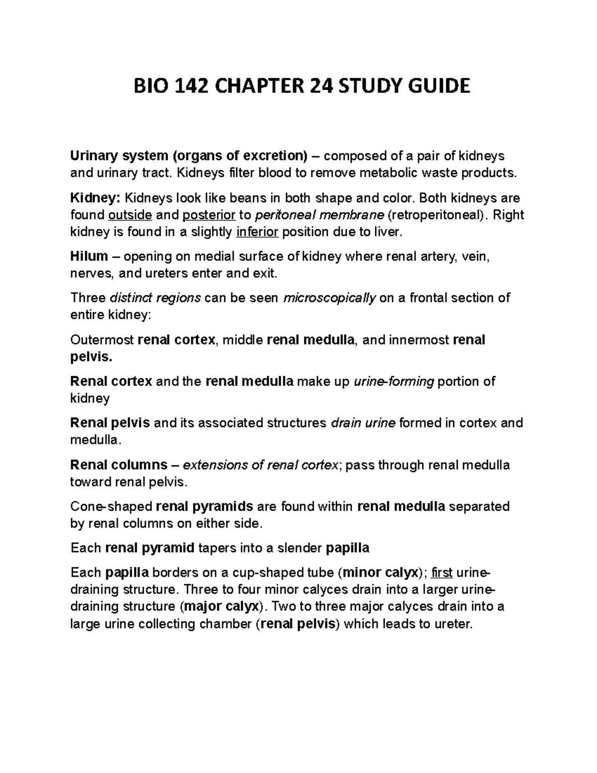 BIO 142 Chapter 24 Study Guide - BIO 142 CHAPTER 24 STUDY GUIDE Urinary ...