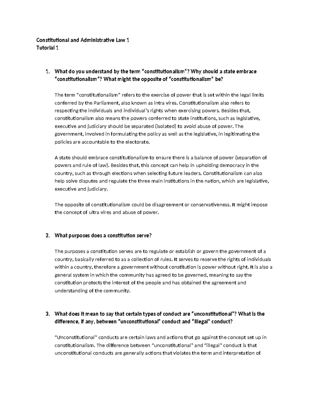 Consti I Tutorial 1-4 Answer Structure - Constitutional and Administrative Law 1 Tutorial 1 1 ...