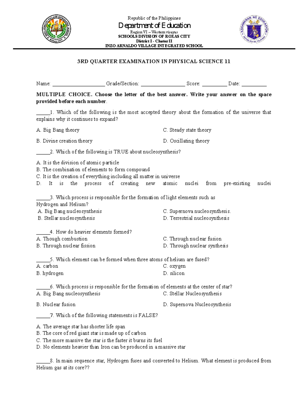 Physics EXAM - Republic of the Philippines Department of E ducation ...