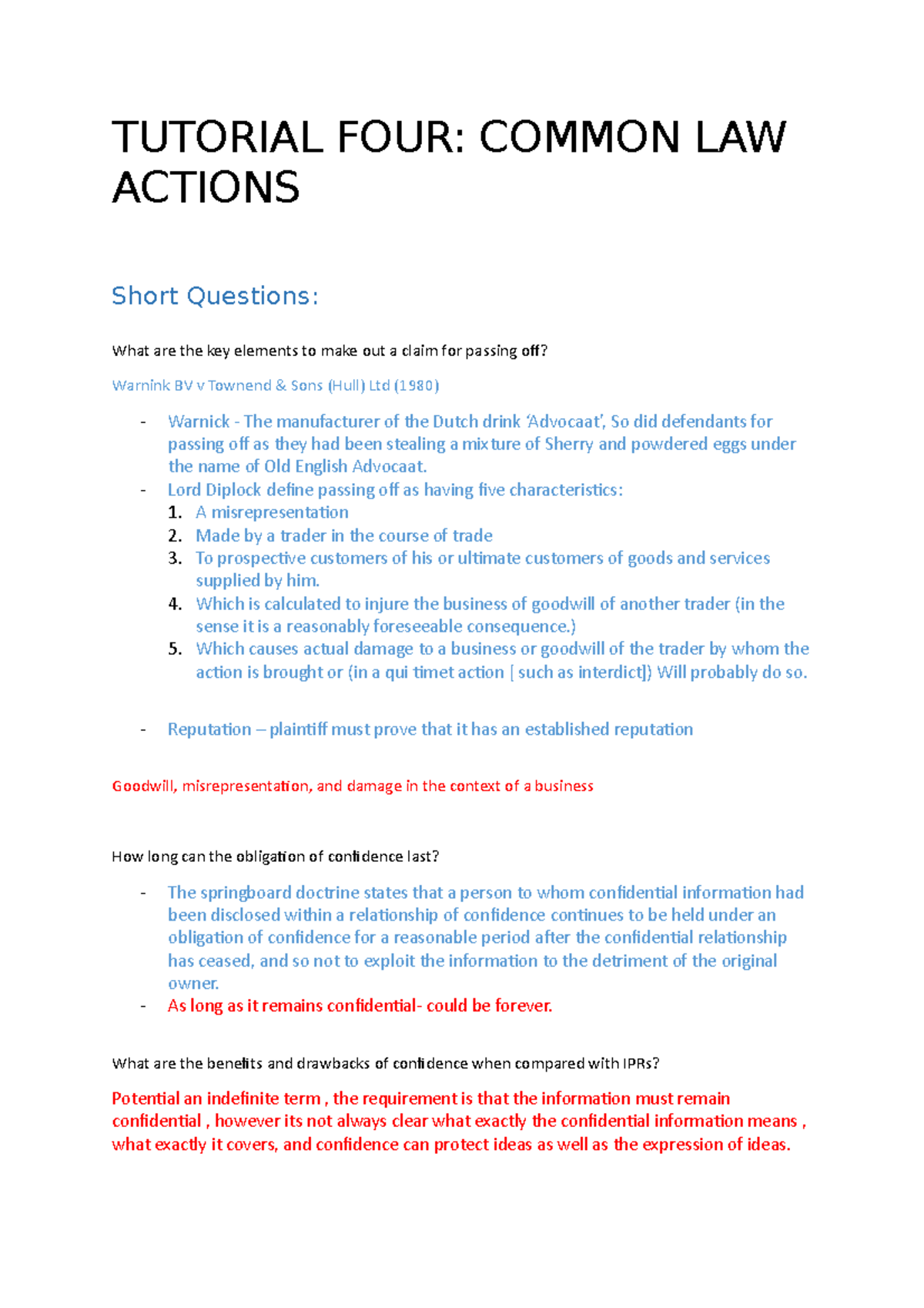 Tutorial 4- Common Law Actions - TUTORIAL FOUR: COMMON LAW ACTIONS ...