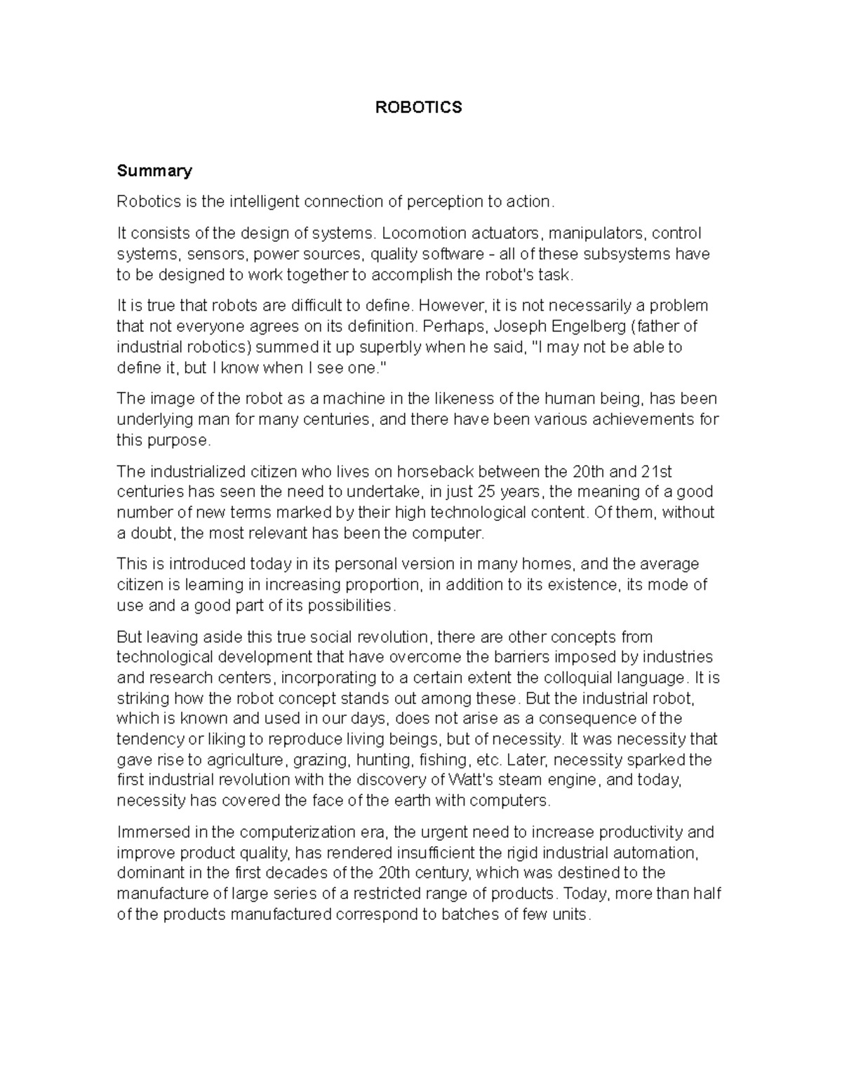 Robotics - ROBOTICS Summary Robotics is the intelligent connection of ...