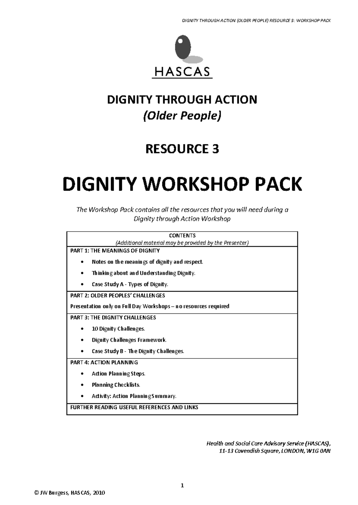 Dignity Workshop - 1 DIGNITY THROUGH ACTION (Older People) RESOURCE 3 ...