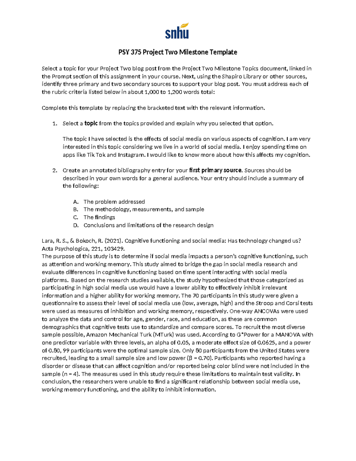 PSY 375 Project Two Milestone Template - PSY 375 Project Two Milestone ...