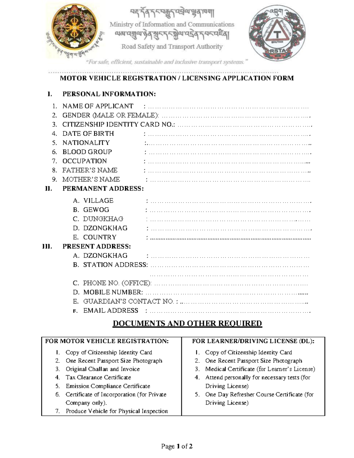 MV Registration & DL LL Form - Page 1 of 2 MOTOR VEHICLE REGISTRATION ...