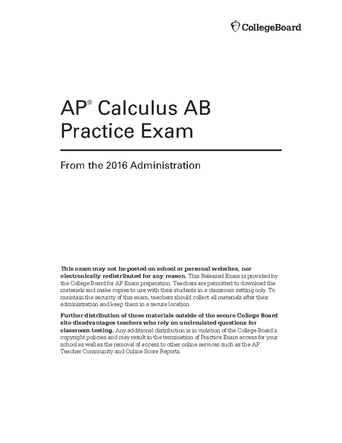 Review documents - AP ® Calculus AB Practice Exam From the 2016 ...