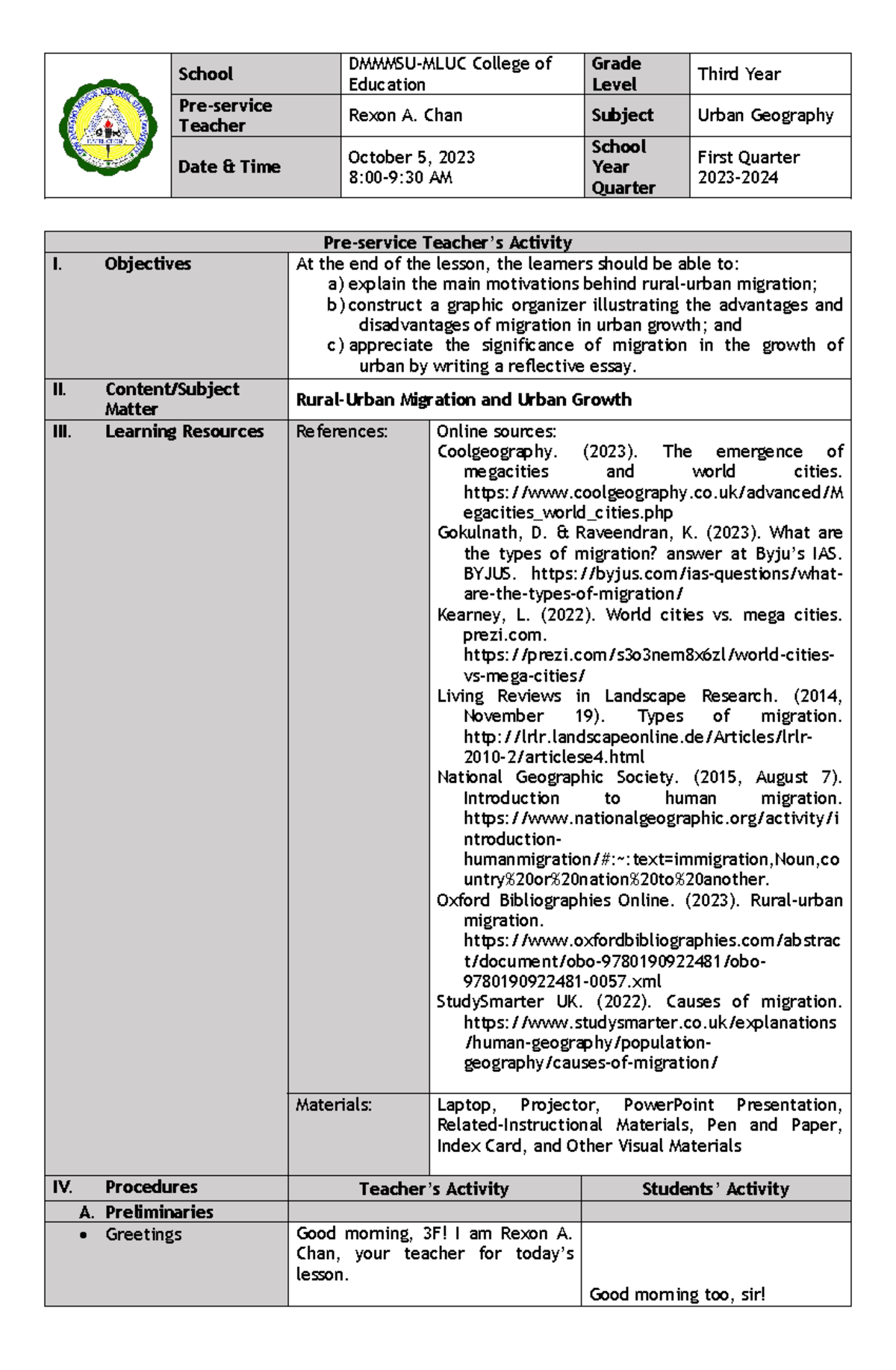 Urban 2 - LESSON PLAN - School DMMMSU-MLUC College of Education Grade ...