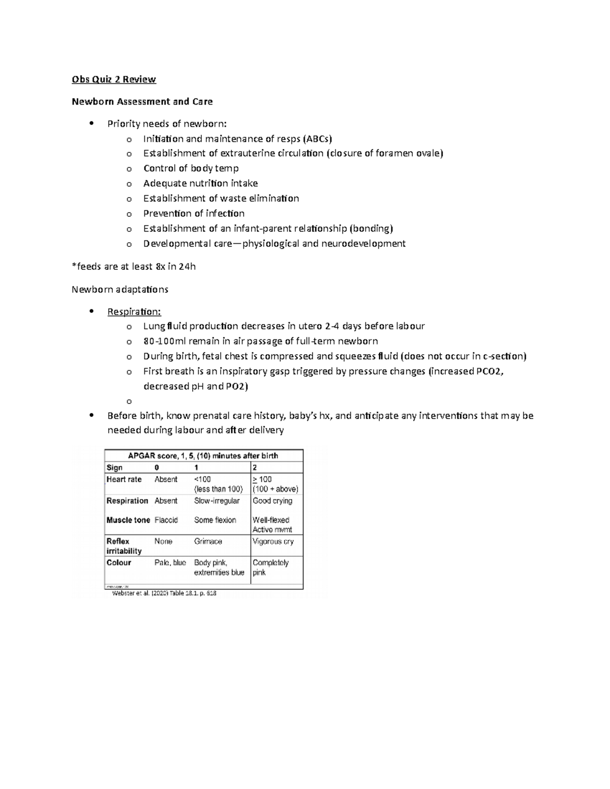 Obs Quiz 2 Review - Obs Quiz 2 Review Newborn Assessment and Care ...