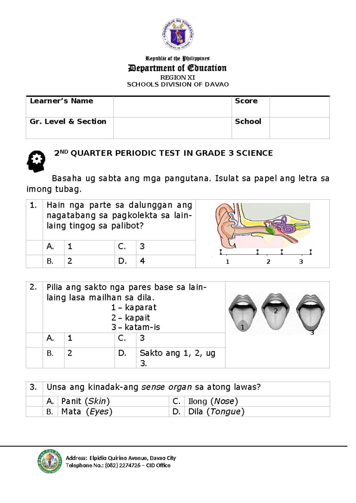 Quarterly-Test Q2-Science-3 - SCHOOLS DIVISION OF DAVAO CITY Address ...