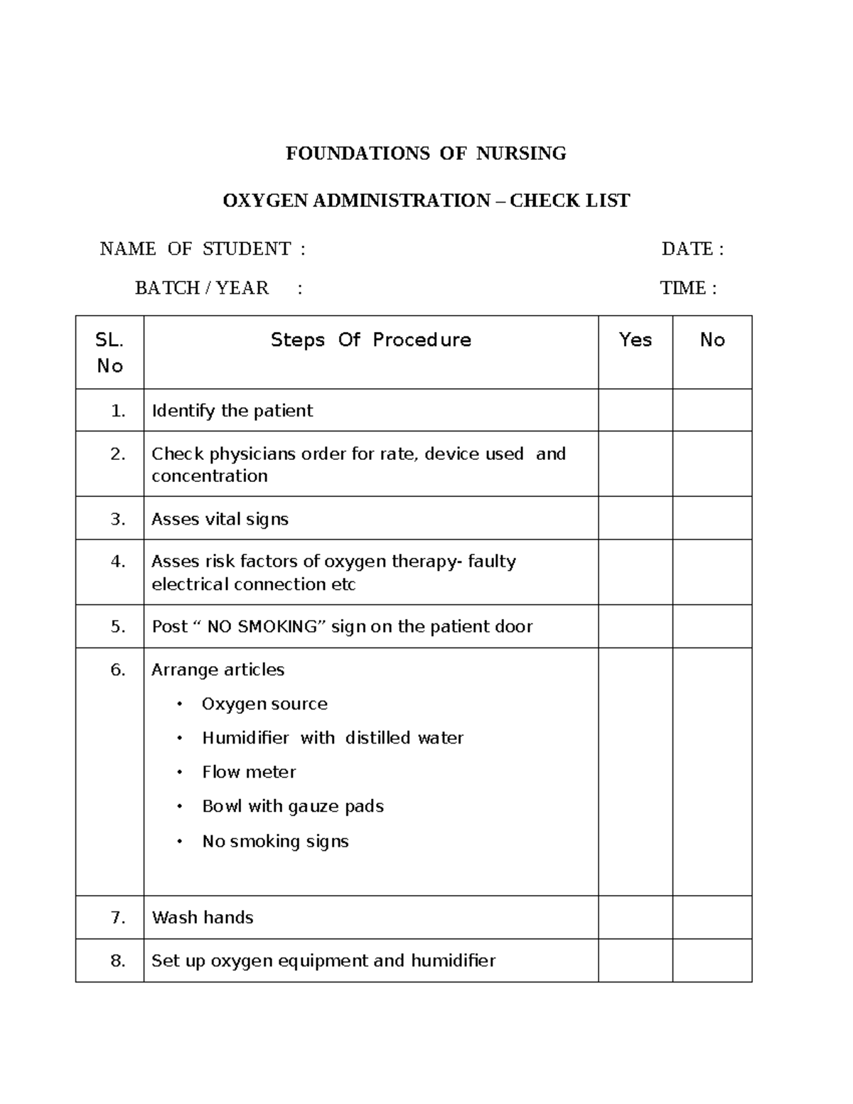 Oxygn adm check list gopika pdf - FOUNDATIONS OF NURSING OXYGEN ...