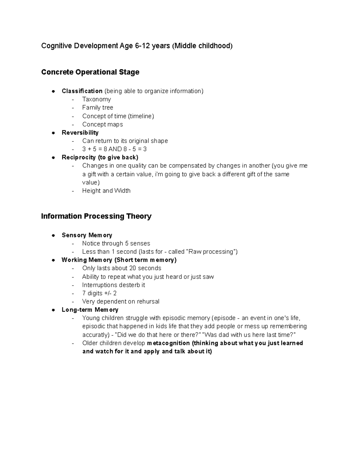 Module 6 Notes - PSY125 - Cognitive Development Age 6-12 years (Middle ...