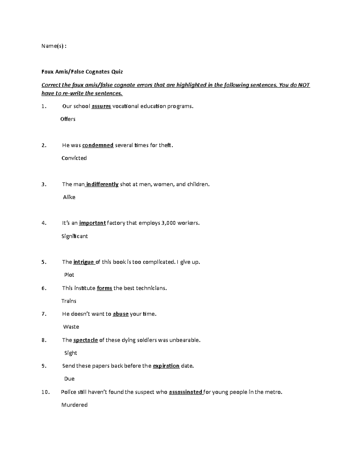 Faux amis review quiz - quiz - Name(s) : Faux Amis/False Cognates Quiz ...