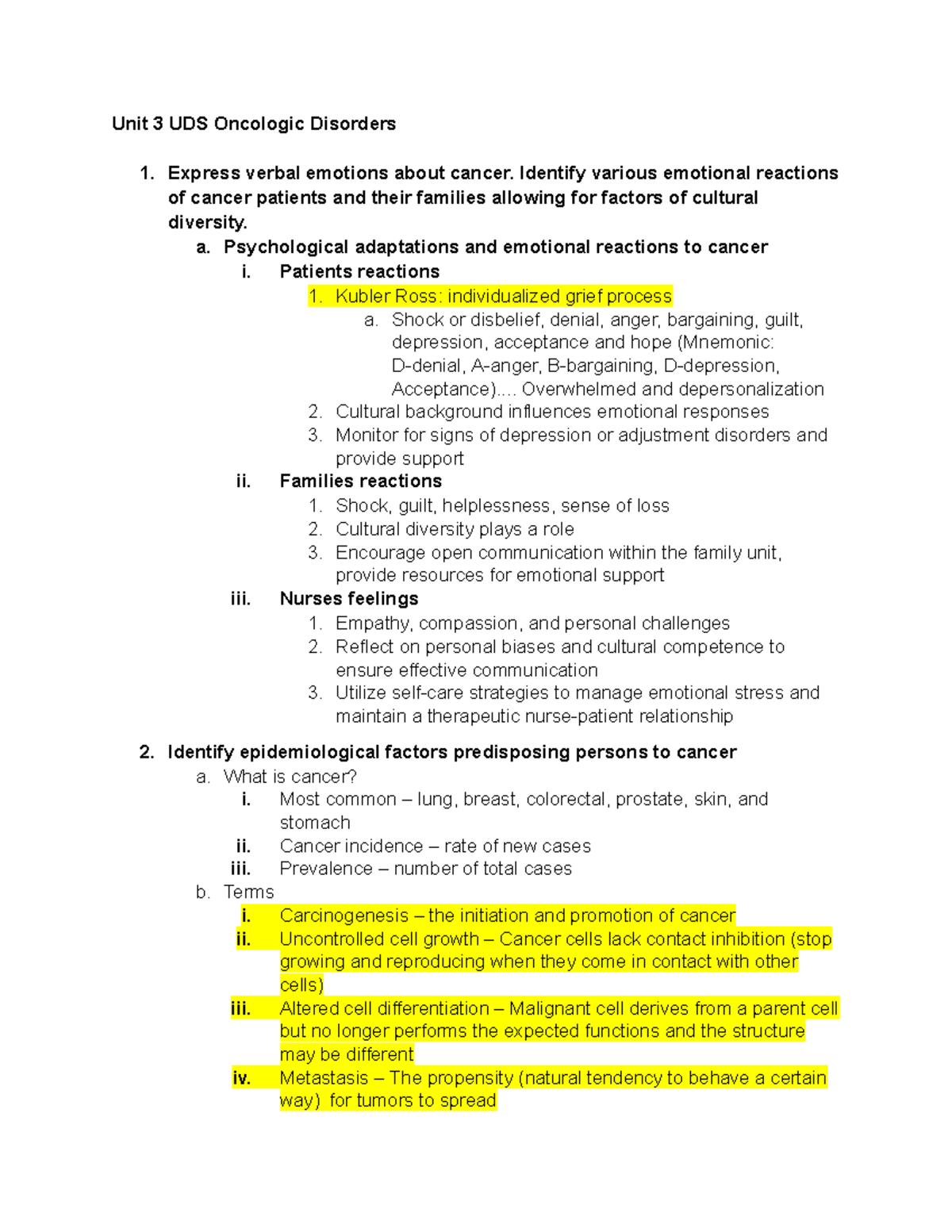 Updated Oncology UDS - Unit 3 UDS Oncologic Disorders 1. Express verbal ...