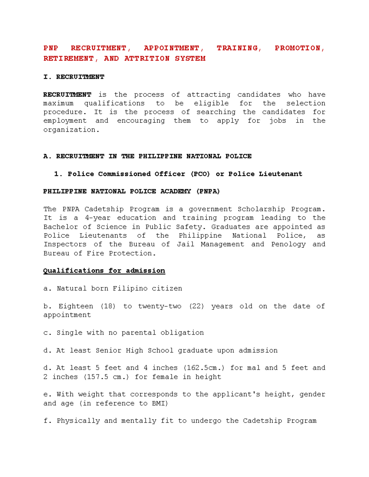 PNP Recruitment, Appointment, Training, Promotion, Retirement, AND ...