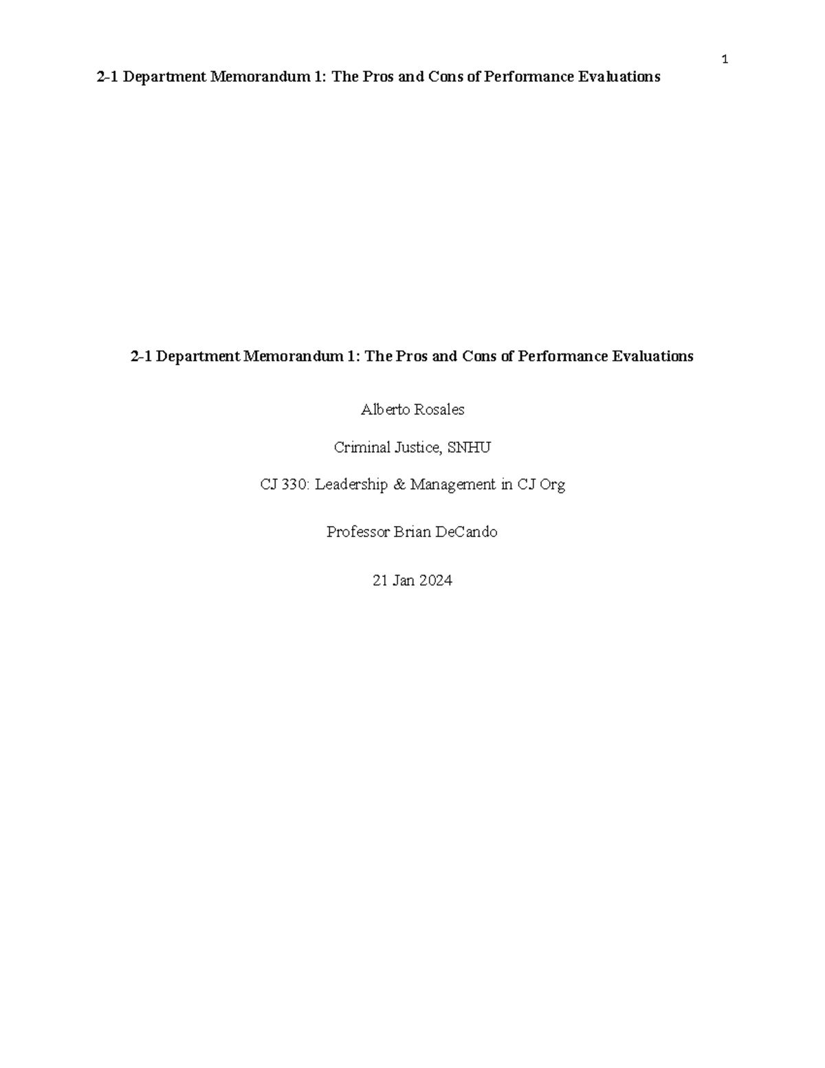 2-1 Department Memorandum 1 The Pros and Cons of Performance ...