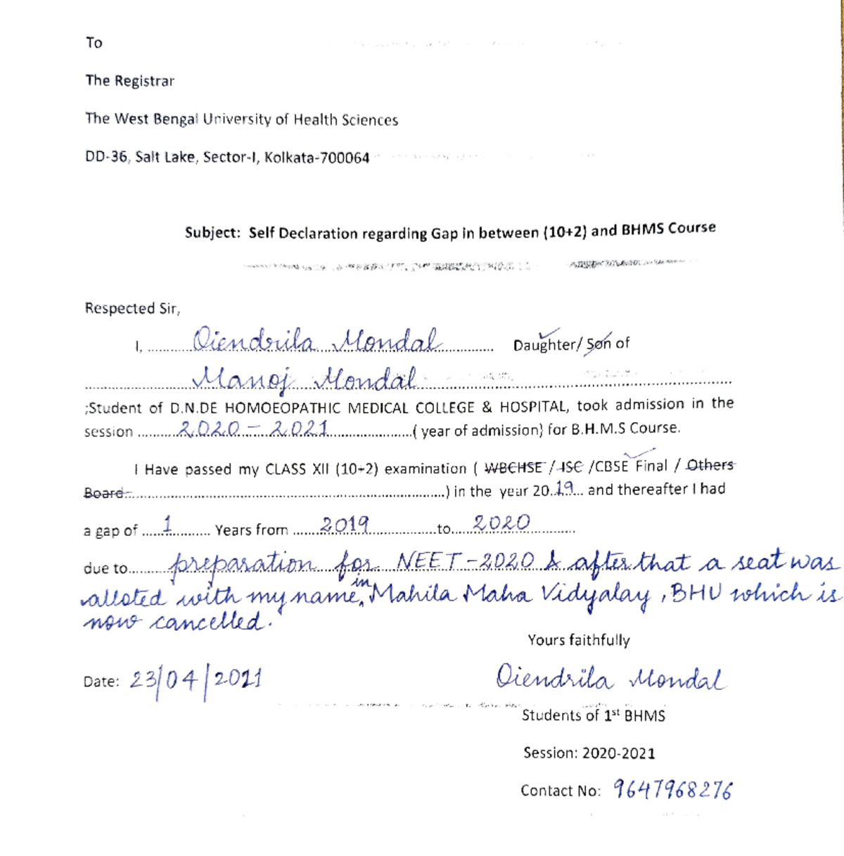 Gap Certificate - To The Registrar The West Bengal University of Health ...