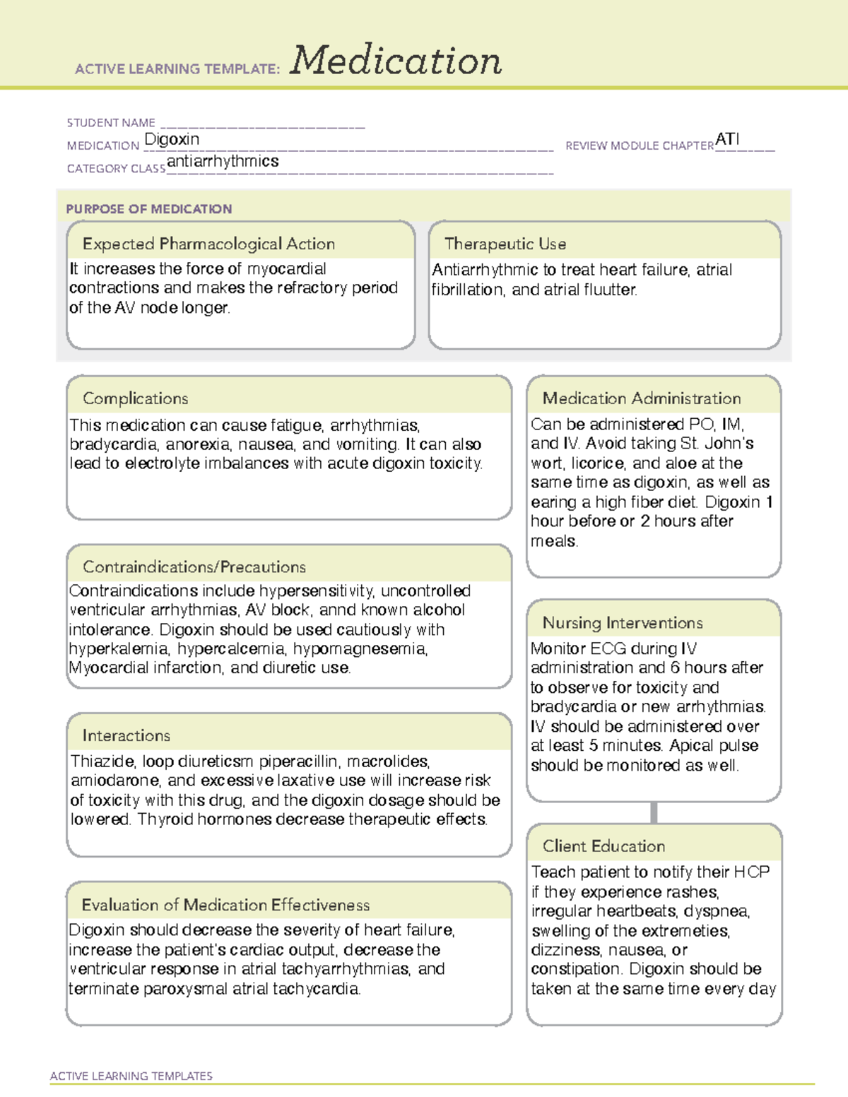 Digoxin - ACTIVE LEARNING TEMPLATES Medication STUDENT NAME