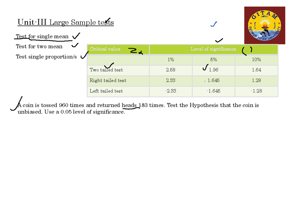 Unit-3 - practicals - Unit-III Large Sample tests Test for single mean ...