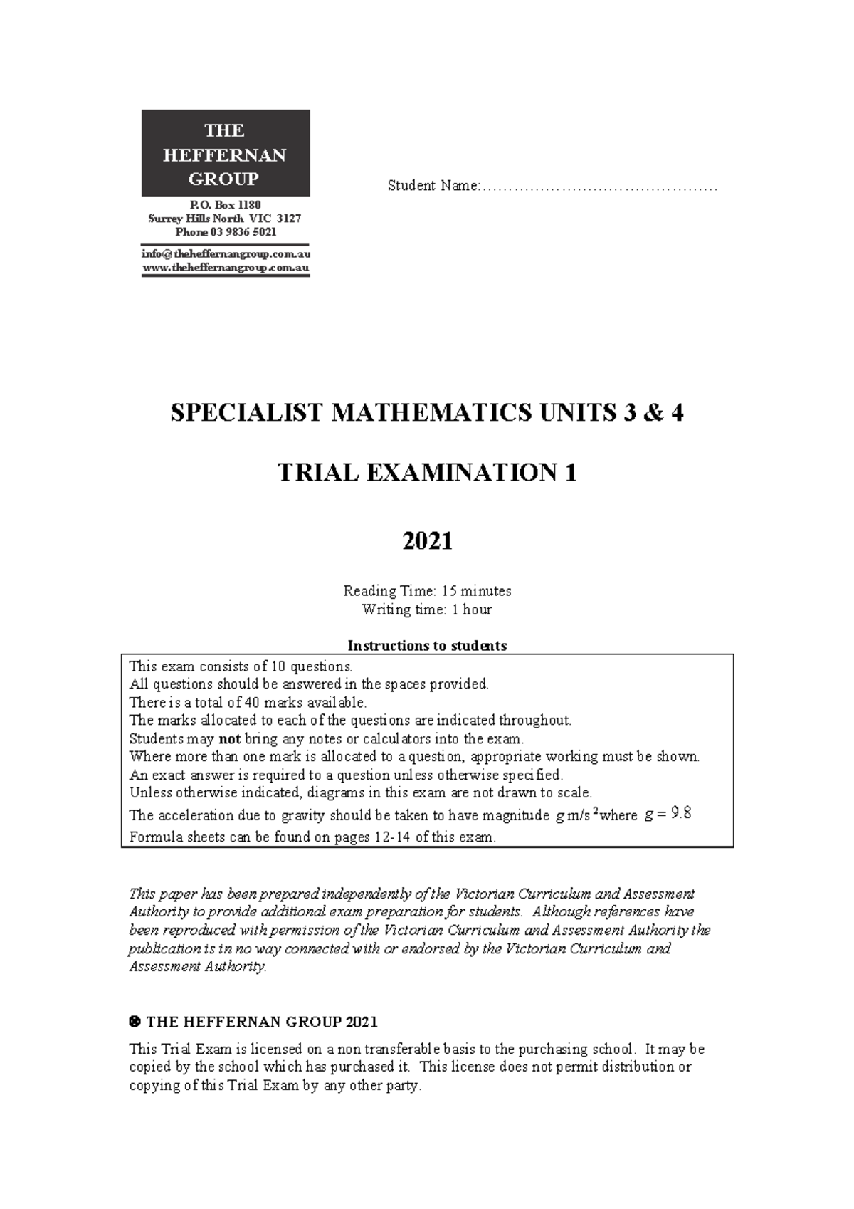2021 Heffernan Specialist Maths Units 3 & 4 Exam 1 - Student - Studocu