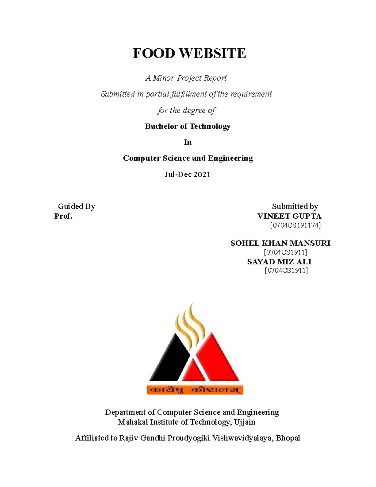 FOOD Website report - FOOD WEBSITE A Minor Project Report Submitted in ...