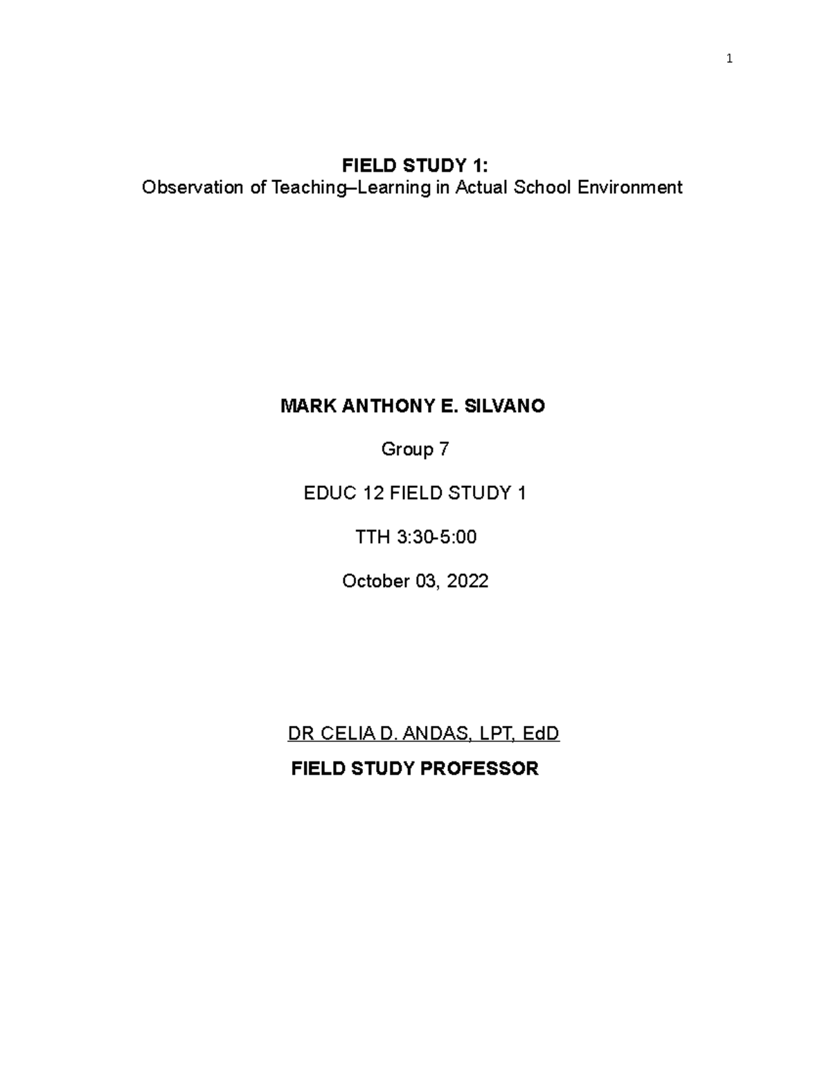 FS1 EP2 - Learner Diversity Developmental Characteristics, Needs and Interest - FIELD STUDY 1 ...